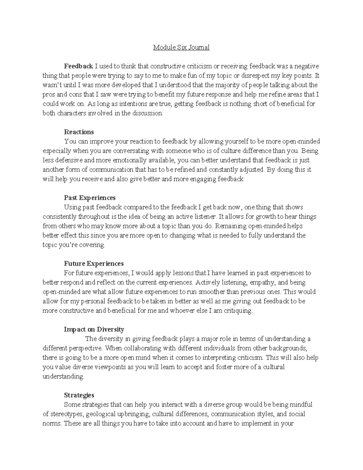 Module Six Journal - course work material - Module Six Journal Feedback ...