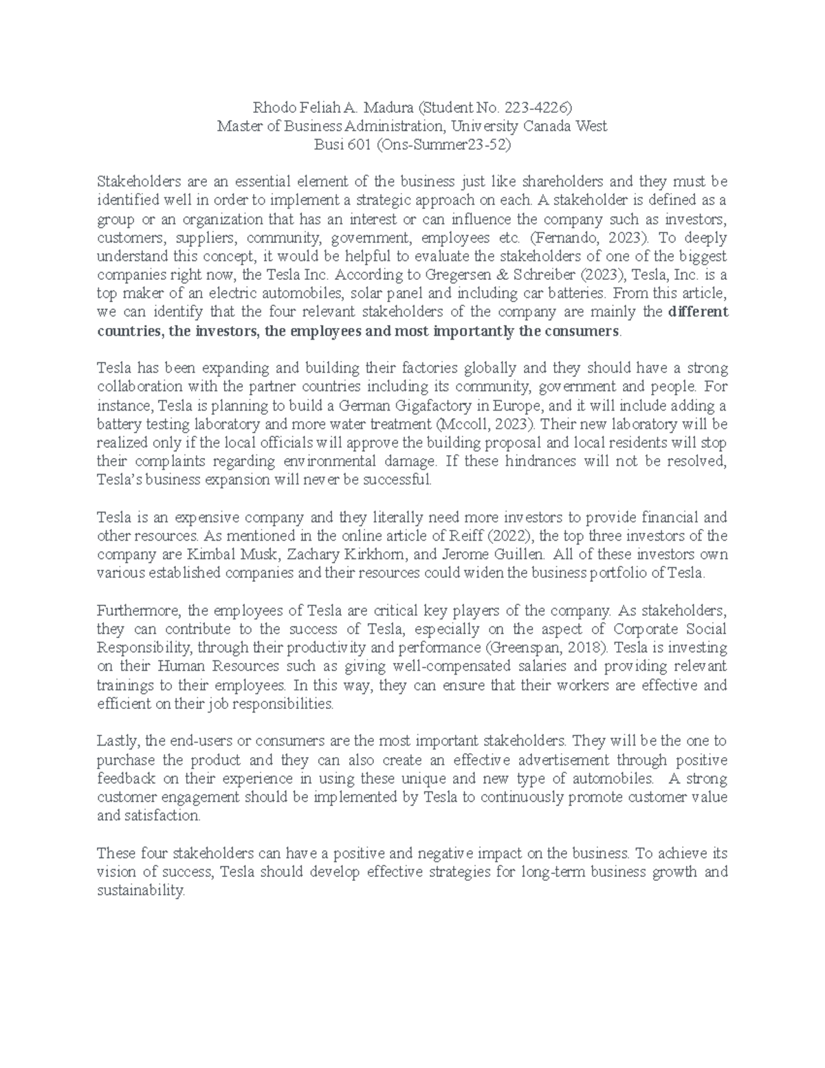 Assignment no 3 tesla stakeholders - Rhodo Feliah A. Madura (Student No ...