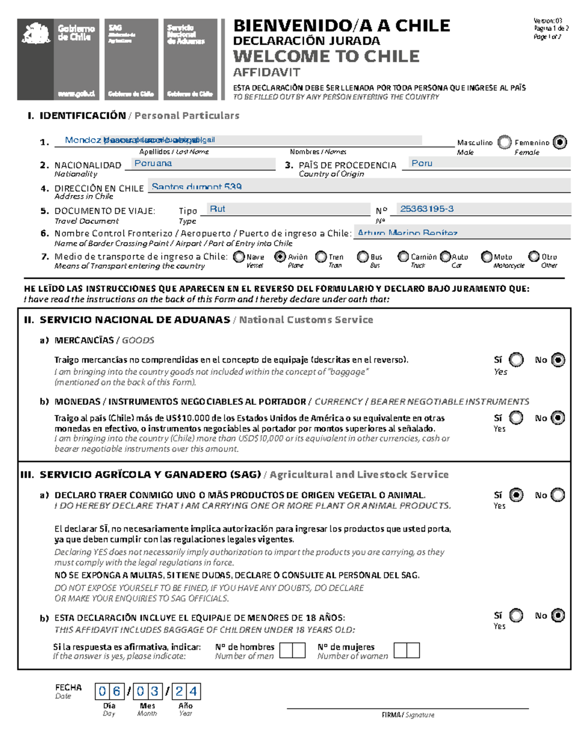 Declaracion conjunta sag aduanas - BIENVENIDO/A A CHILE DECLARACIÓN ...