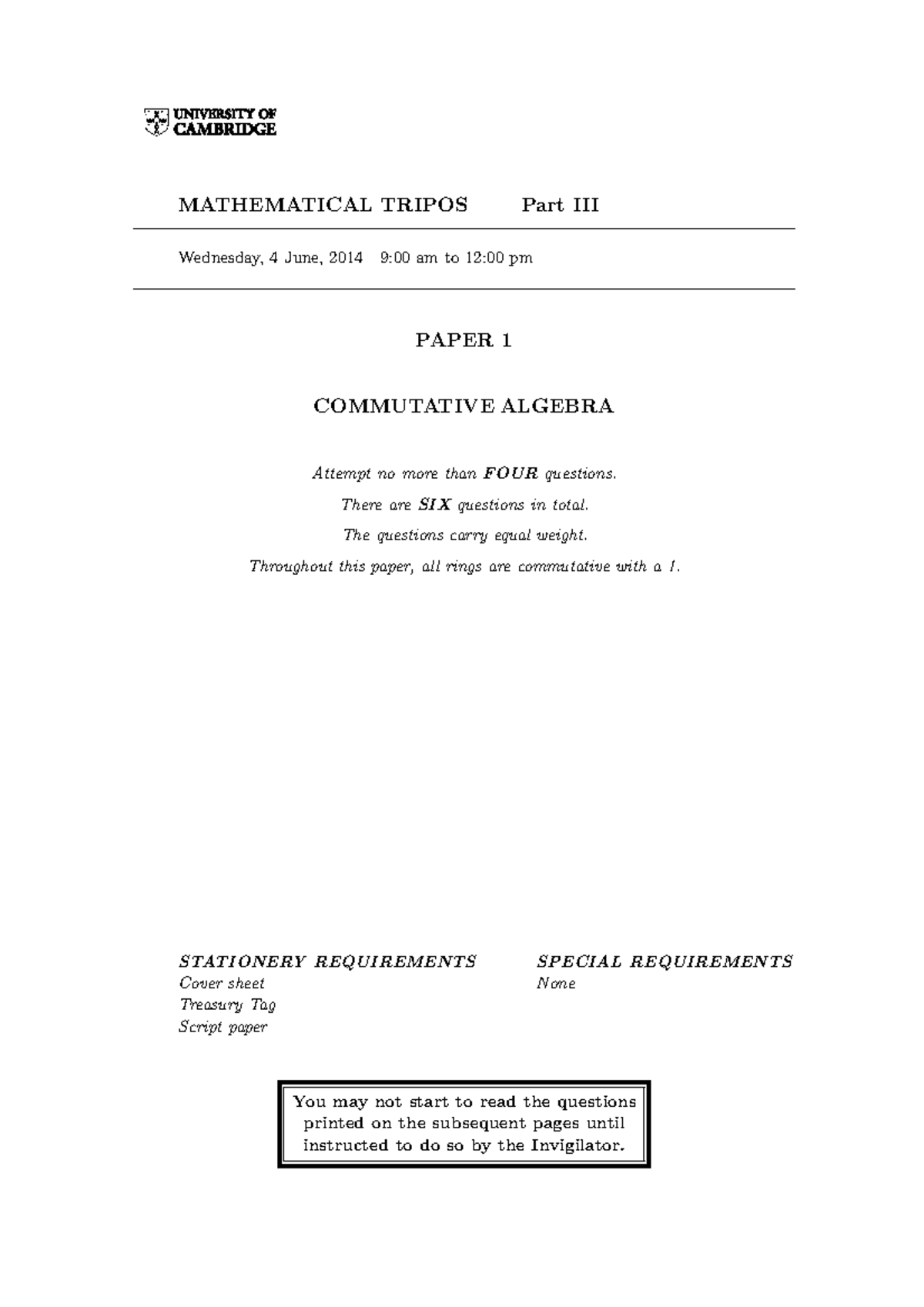 Exam 2014, questions - MATHEMATICAL TRIPOS Part III Wednesday, 4 June, 2014 9:00 am to 12:00 pm ...