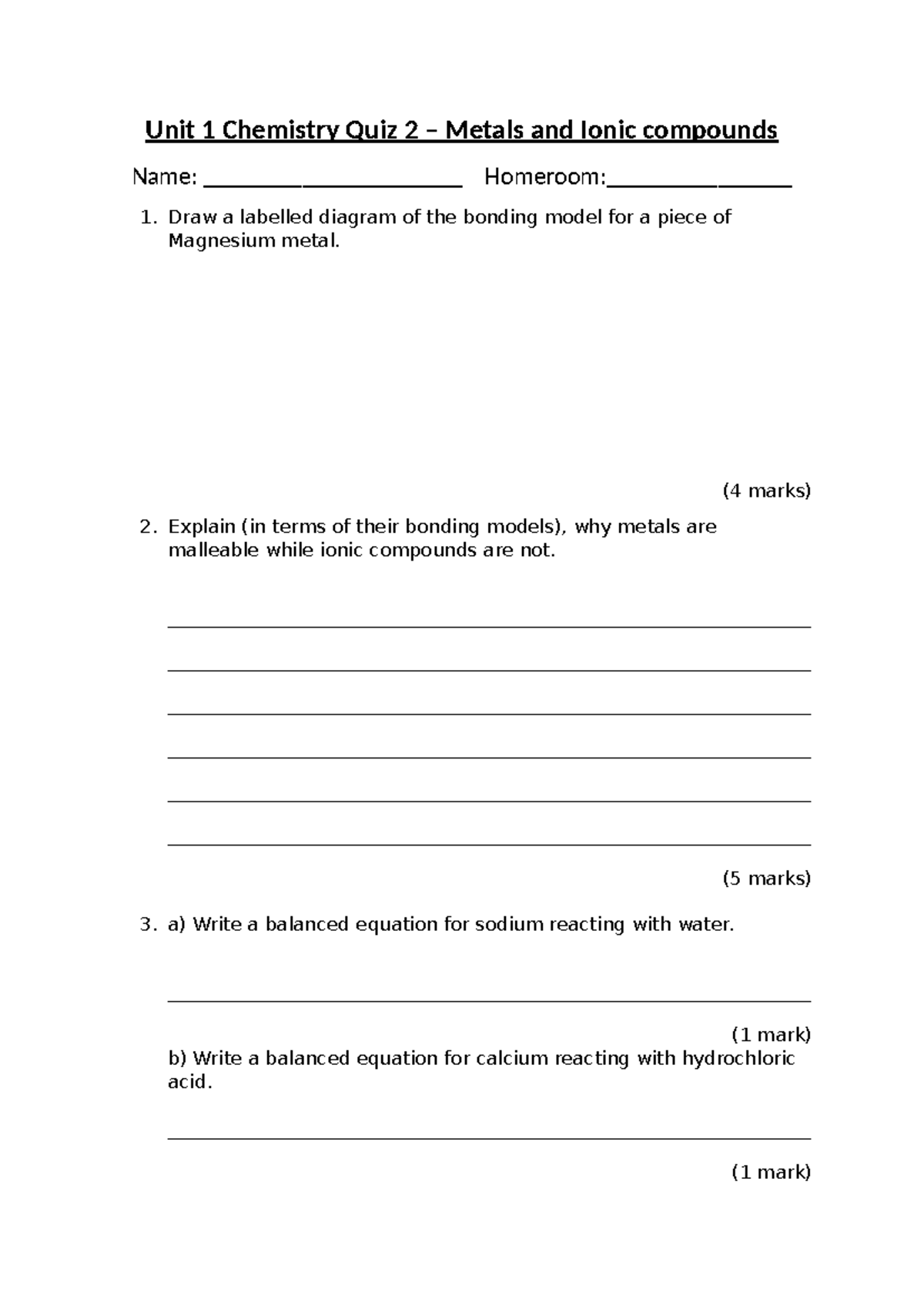 Quiz 2 - Metallic and Ionic Bonding - Unit 1 Chemistry Quiz 2 – Metals ...