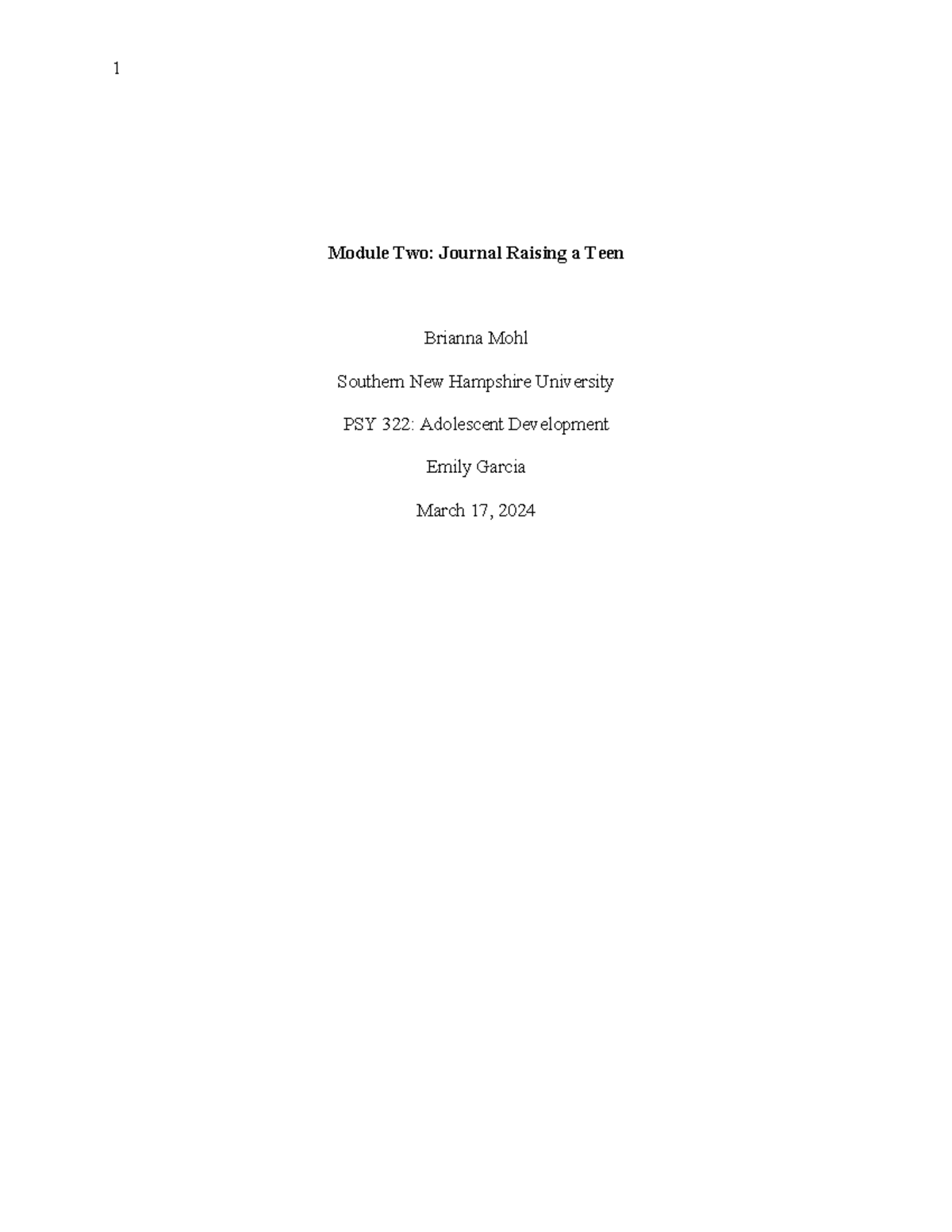 M2 Journal Assignment - Module Two: Journal Raising a Teen Brianna Mohl ...