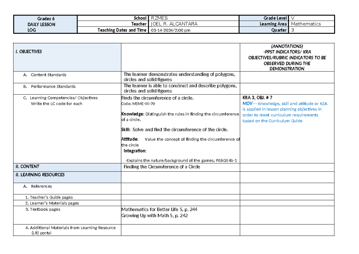 Grades 5 math COT 3rd quarter - Grades 6 DAILY LESSON LOG School RZMES ...