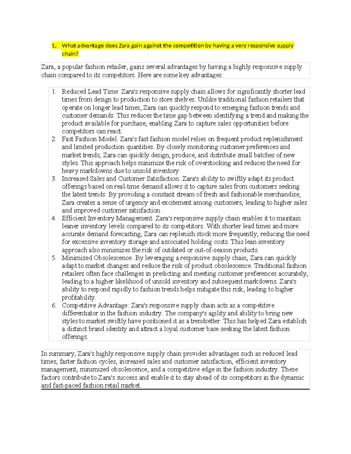 ZARA - SCM FOR ZARA - 1. What advantage does Zara gain against the ...