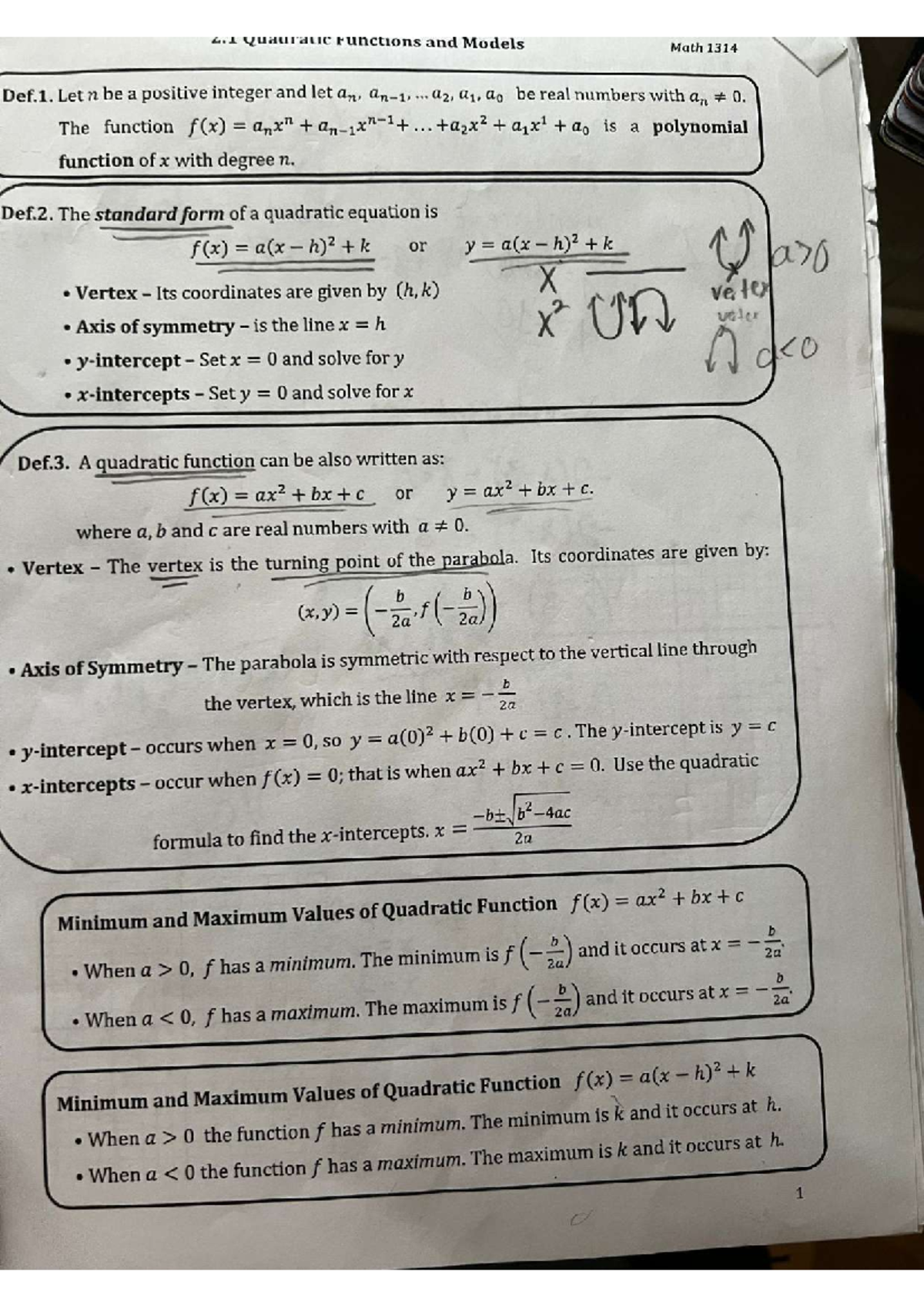 Quadratic functions and models - MATH 1314 - Studocu