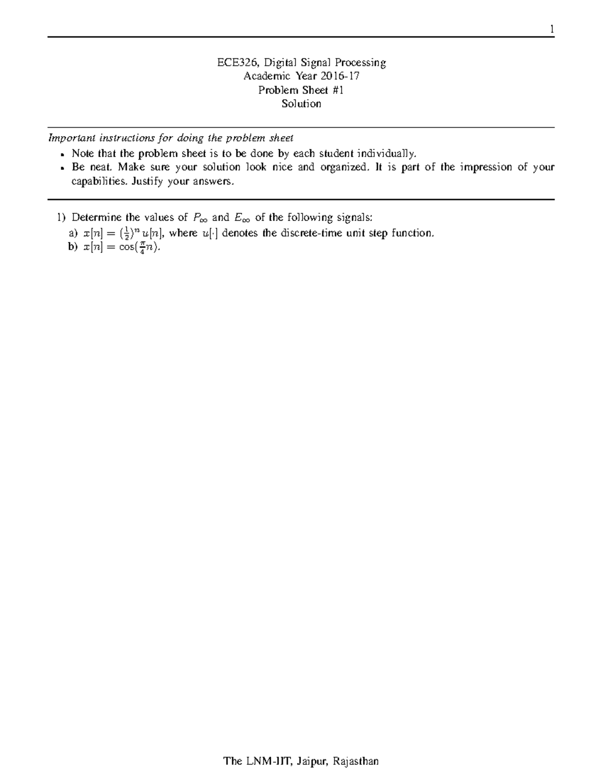 DSP PS 1 Sol - Electrical and electronics - ECE326, Digital Signal ...