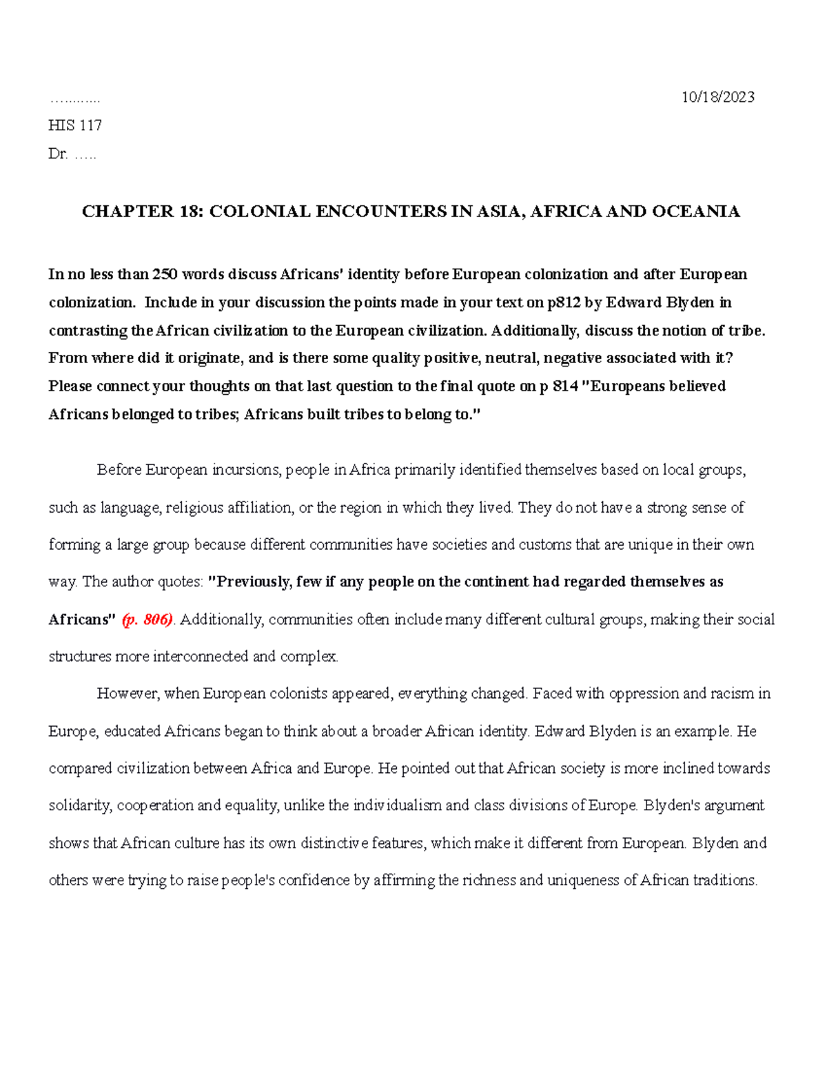 HIS 117 Quiz 1 Chapter 18 - ............ 10/18/ HIS 117 Dr ...