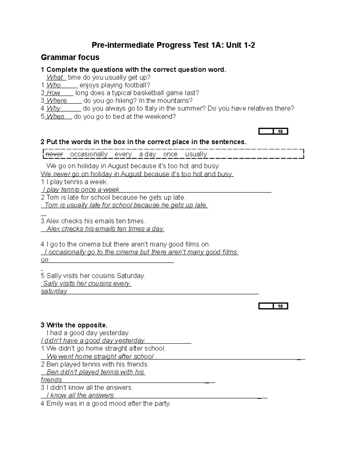 Pre Int Test 1-2 - Tiếng Anh - Pre-intermediate Progress Test 1A: Unit ...