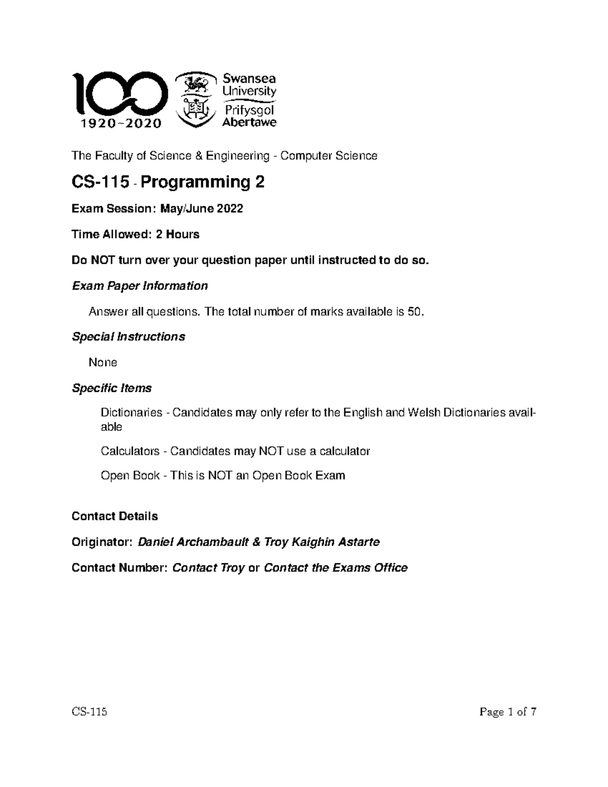 CS-115 2223 - Past Paper - The Faculty of Science & Engineering ...