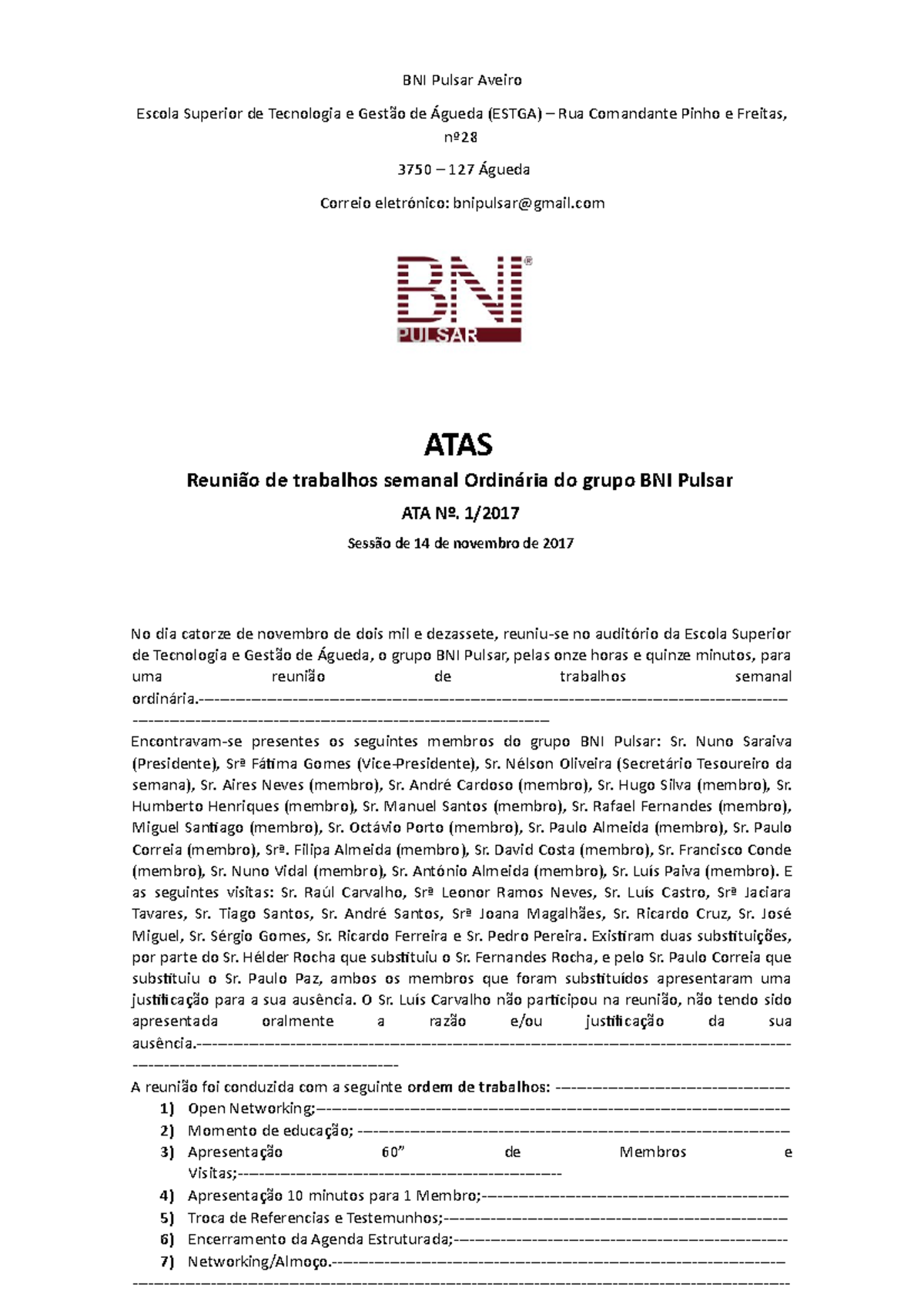 Ata - Documento base de uma ata - BNI Pulsar Aveiro Escola Superior de ...