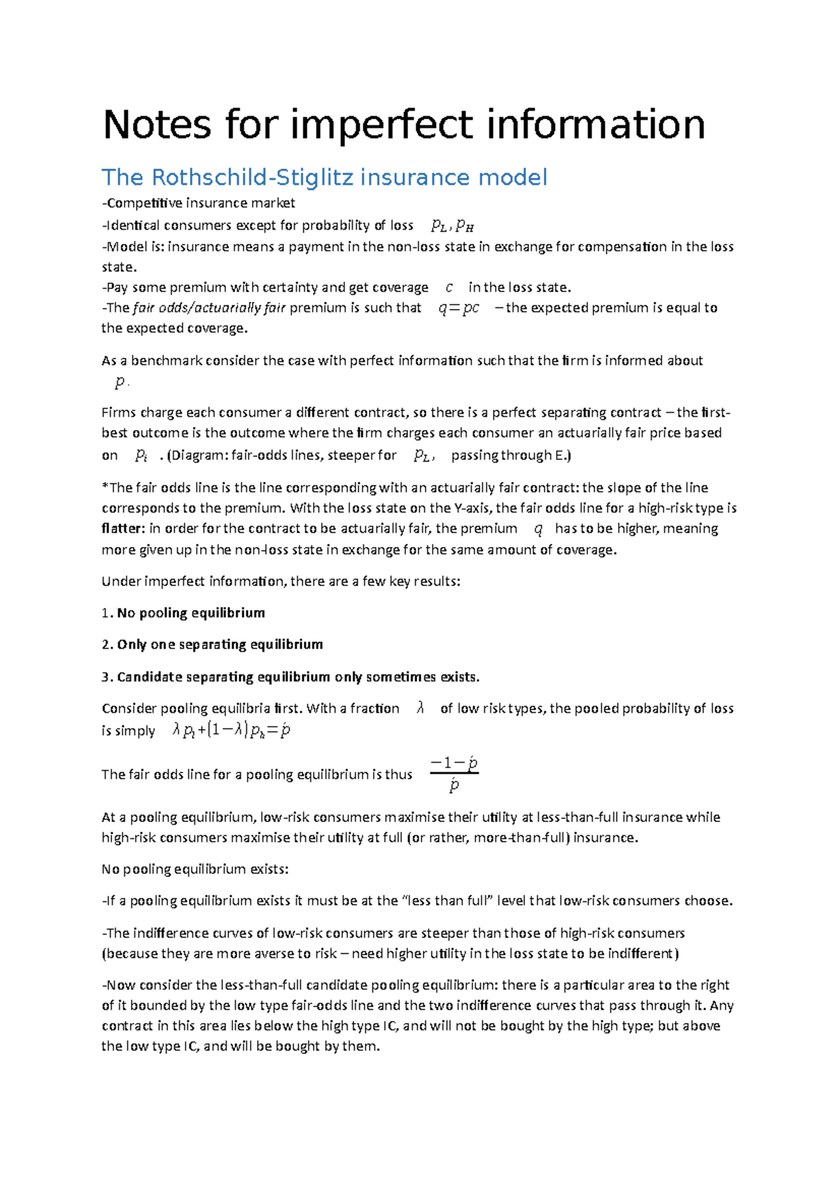 Summary of Topic - Adverse selection in insurance - Notes for imperfect ...
