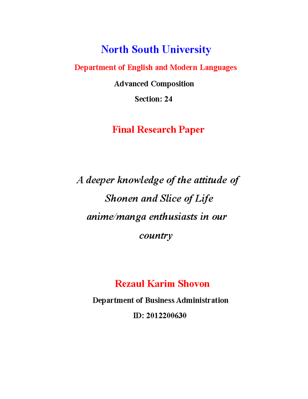 Final Research Paper - North South University Department of English and ...
