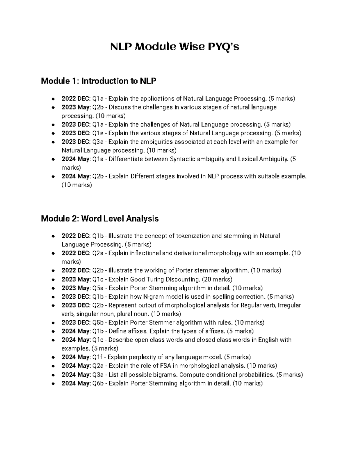 NLP Module Wise PYQ’s - pyq - NLP Module Wise PYQ’s Module 1: Introduction to NLP 2022 DEC: Q1a ...
