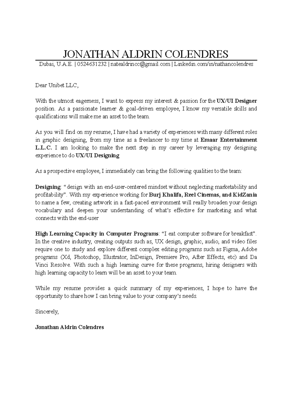 Sample Cover Letter - JONATHAN ALDRIN COLENDRES Dubai, U.A ...