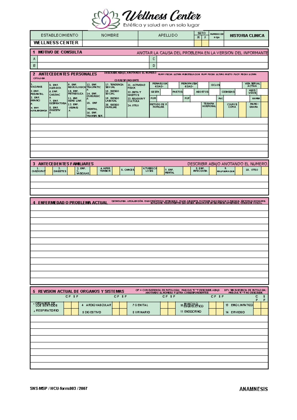 Formato 003 - ARCHIVOS PARA HOSPITAL - SNS-MSP / HCU-form / 2007 ANAMNESIS ESTABLECIMIENTO ...