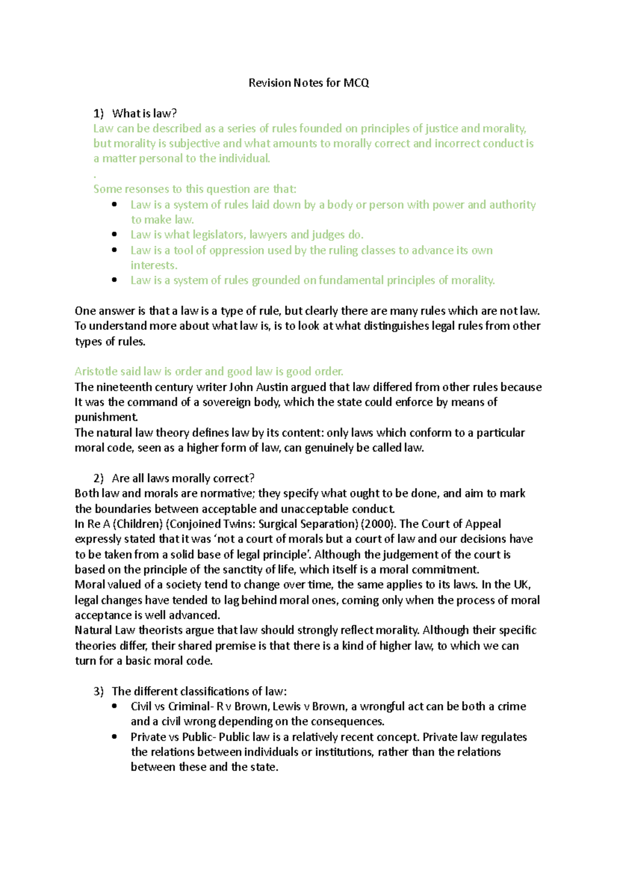 Revision Notes for MCQ - Revision Notes for MCQ What is law? Law can be ...