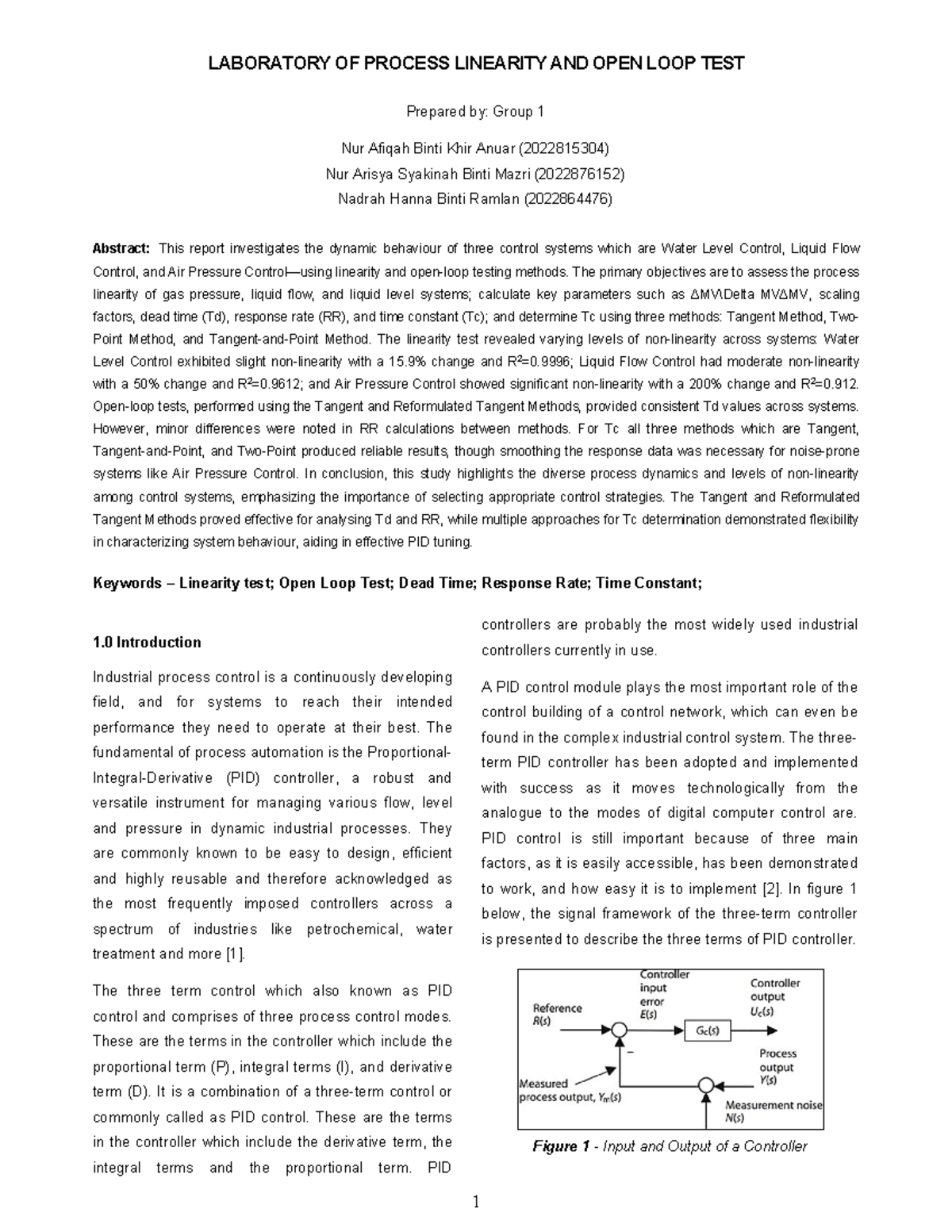 Lab Report Control Laboratory Of Process Linearity And Open Loop Test Prepared By Group 1 Nur