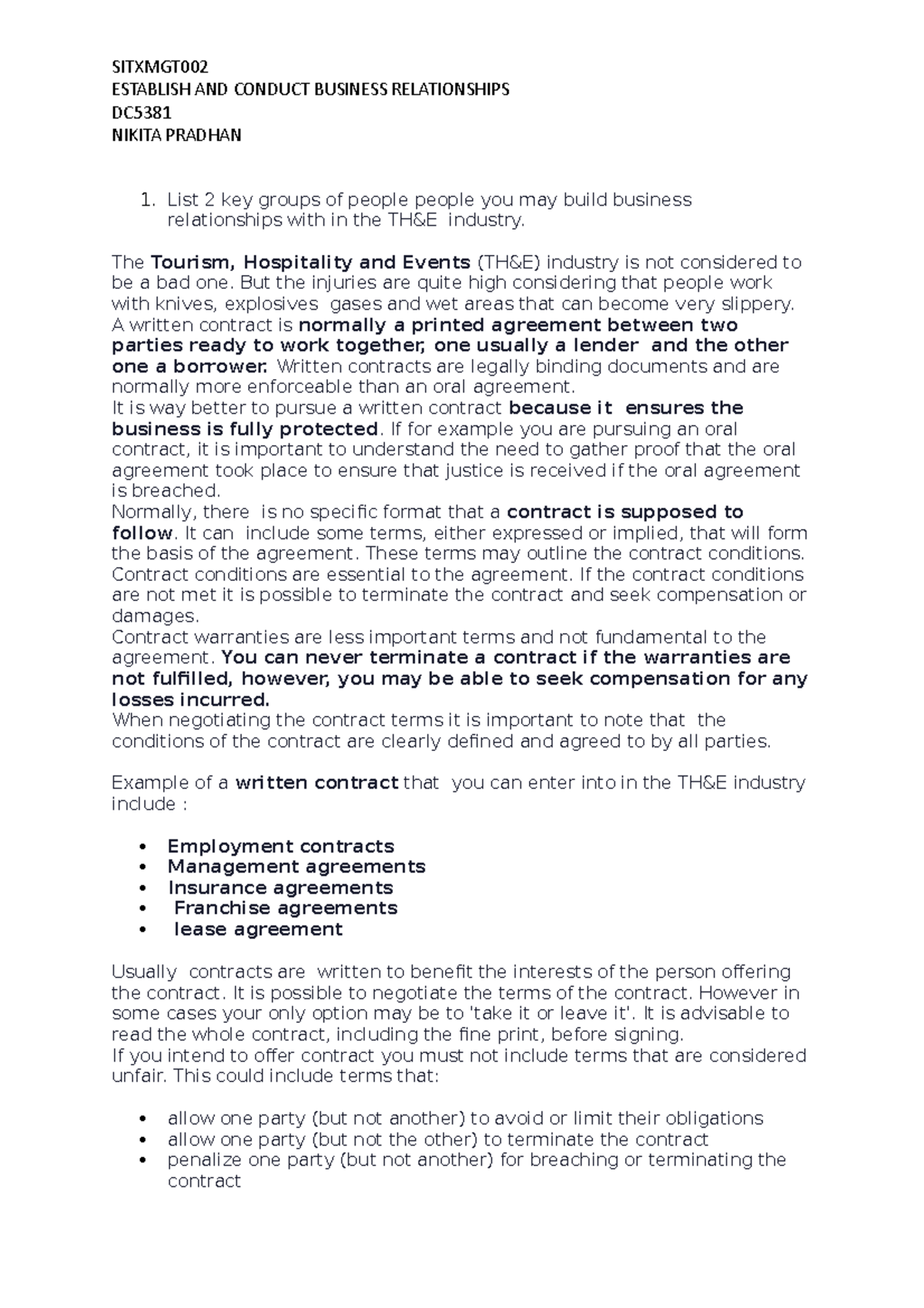 Sitxmgt 002 Assessment 1 - ESTABLISH AND CONDUCT BUSINESS RELATIONSHIPS ...