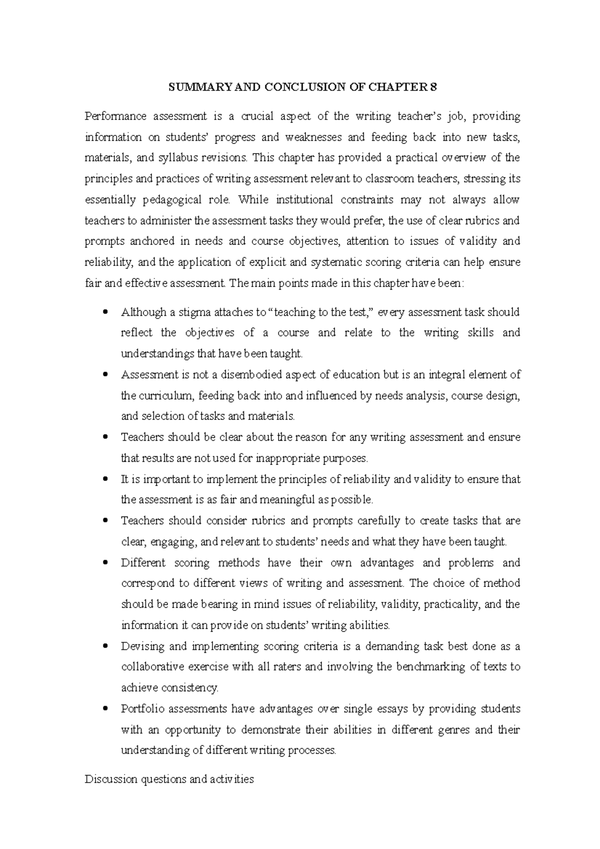 Summary AND Conclusion OF Chapter 8 - SUMMARY AND CONCLUSION OF CHAPTER 8 Performance assessment ...
