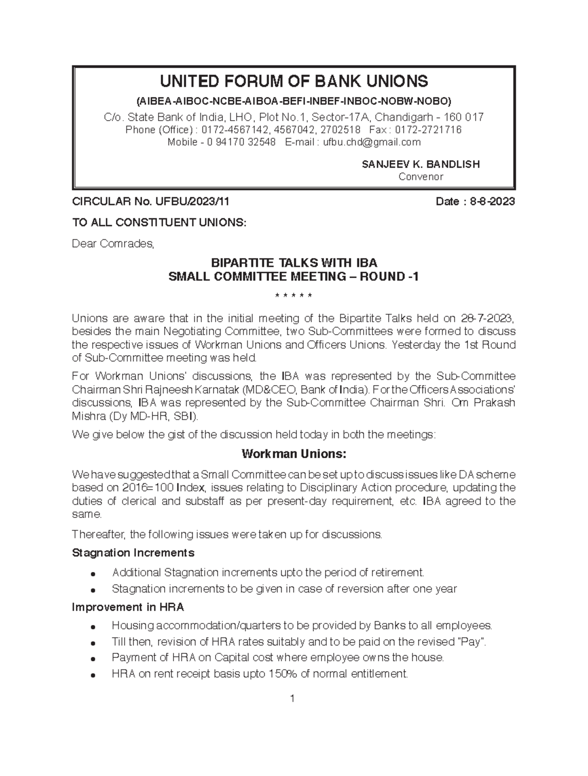 UFBU Cir 11 - Union circular - CIRCULAR No. UFBU/2023/11 Date : 8-8- TO ...