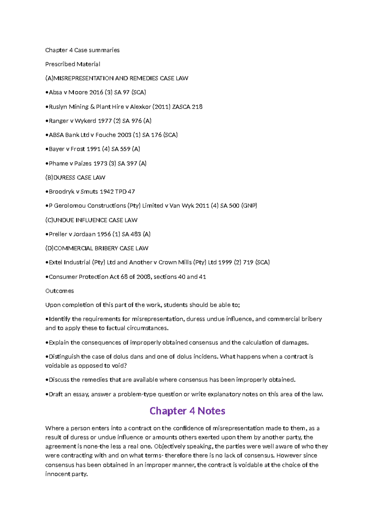 Chapter 4 notes - Chapter 4 Case summaries Prescribed Material (A ...
