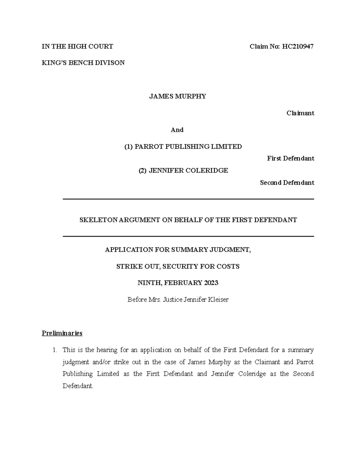 Summary Judgment Skeleton Argument - IN THE HIGH COURT Claim No: HC ...