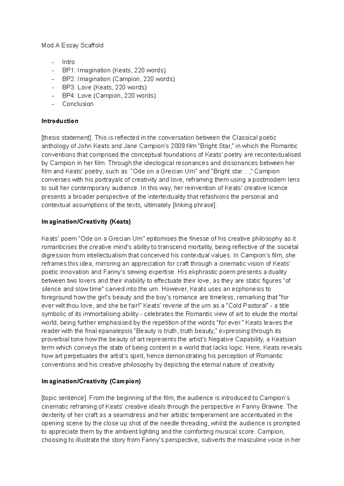 Mod A General Essay - Mod A Essay Scaffold - Intro - BP1: Imagination ...