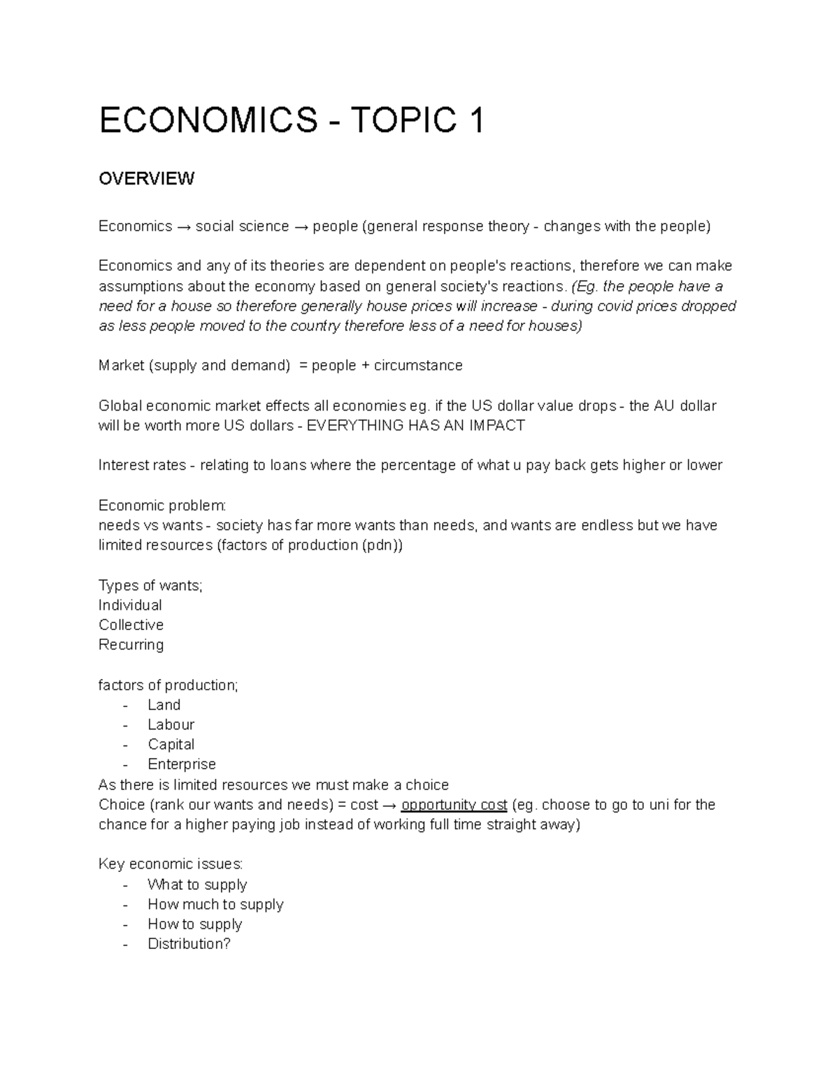 Economics - Topic 1 - ECONOMICS - TOPIC 1 OVERVIEW Economics → social ...