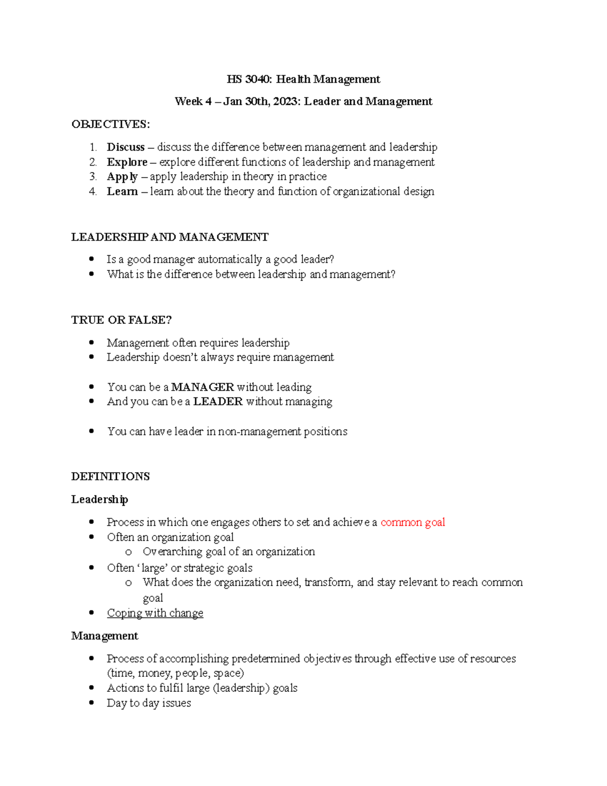 HS 3040 Week 4 - Lecture Notes - HS 3040: Health Management Week 4 ...