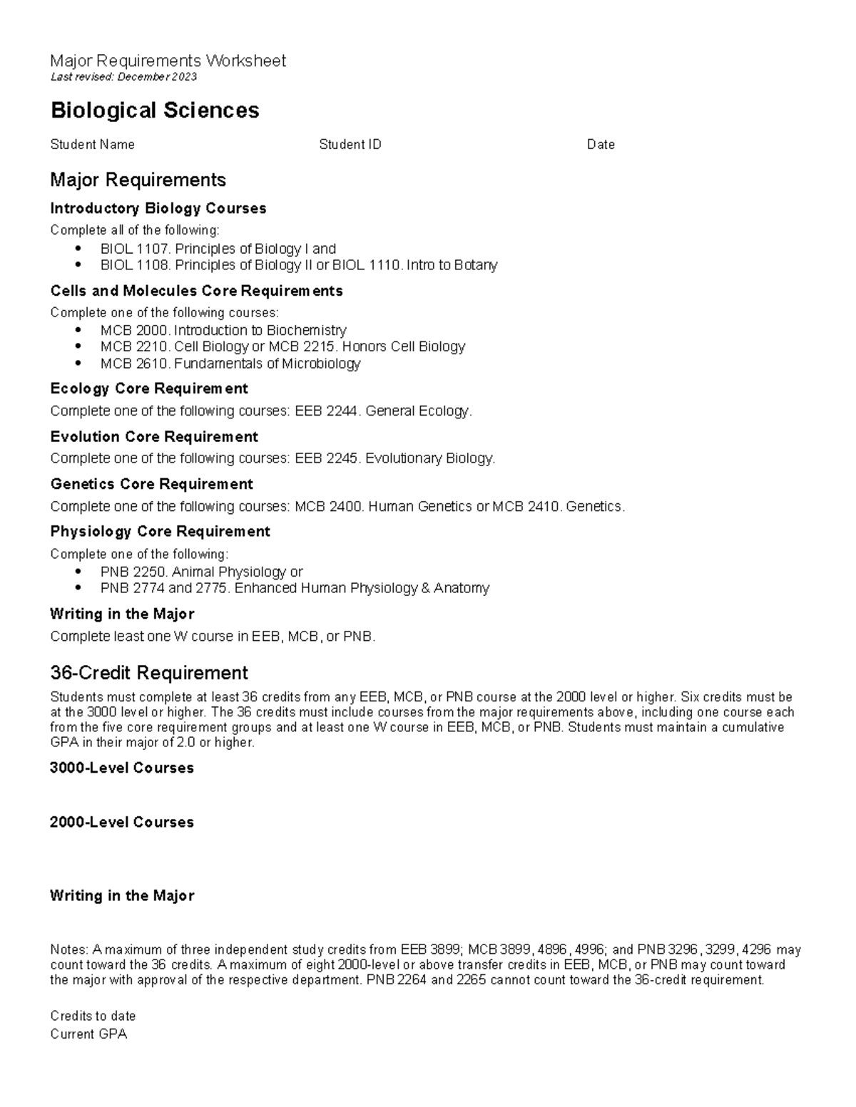Bio Sci Major Requirements 122023 - Major Requirements Worksheet Last ...