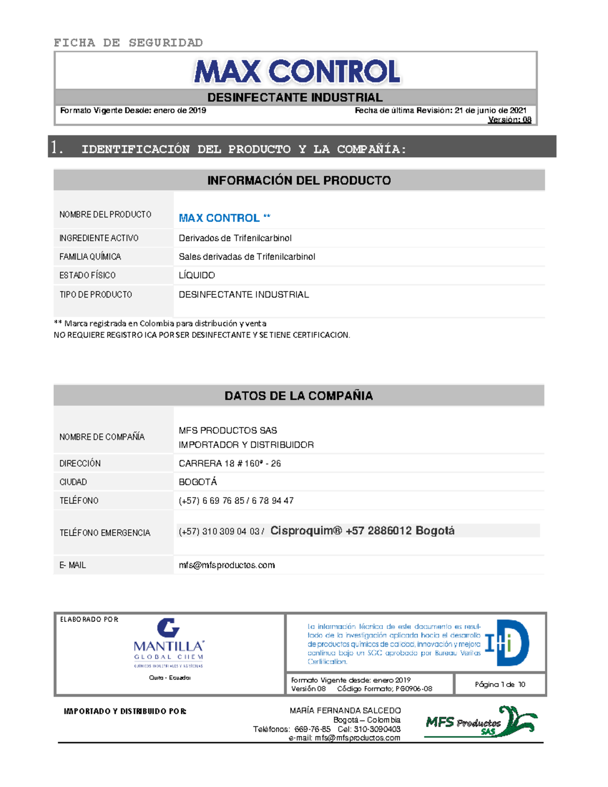 Maxcontrol HS - Hoja de seguridad del max control - DESINFECTANTE ...