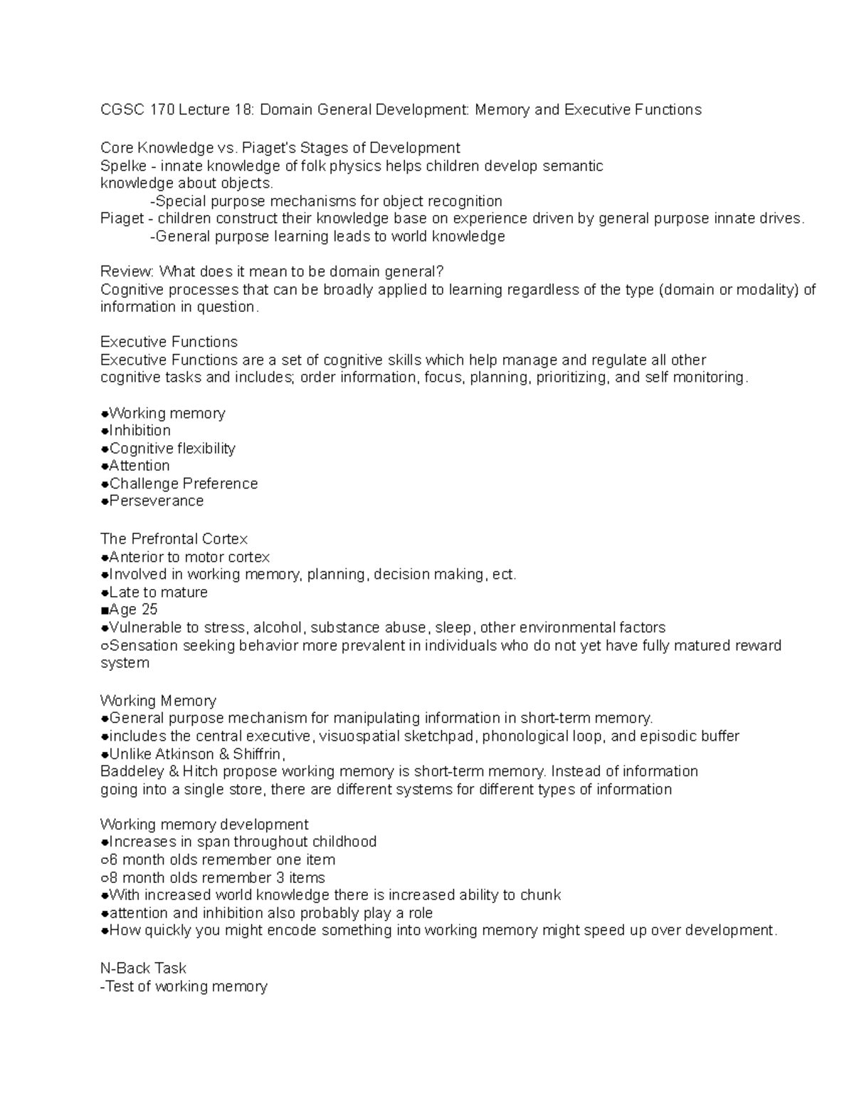 Cgsc 170 Lecture 18 Domain General Development Memory And Executive Functions Cgsc 170 Lecture