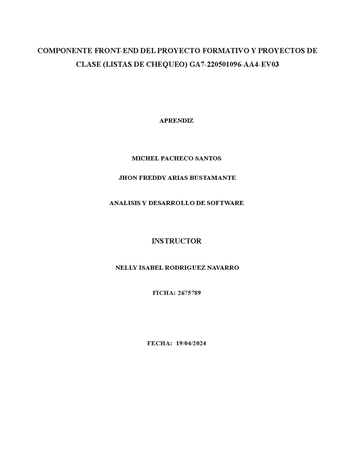 Componente front-end del proyecto formativo y proyectos de clase (listas de chequeo) - Studocu