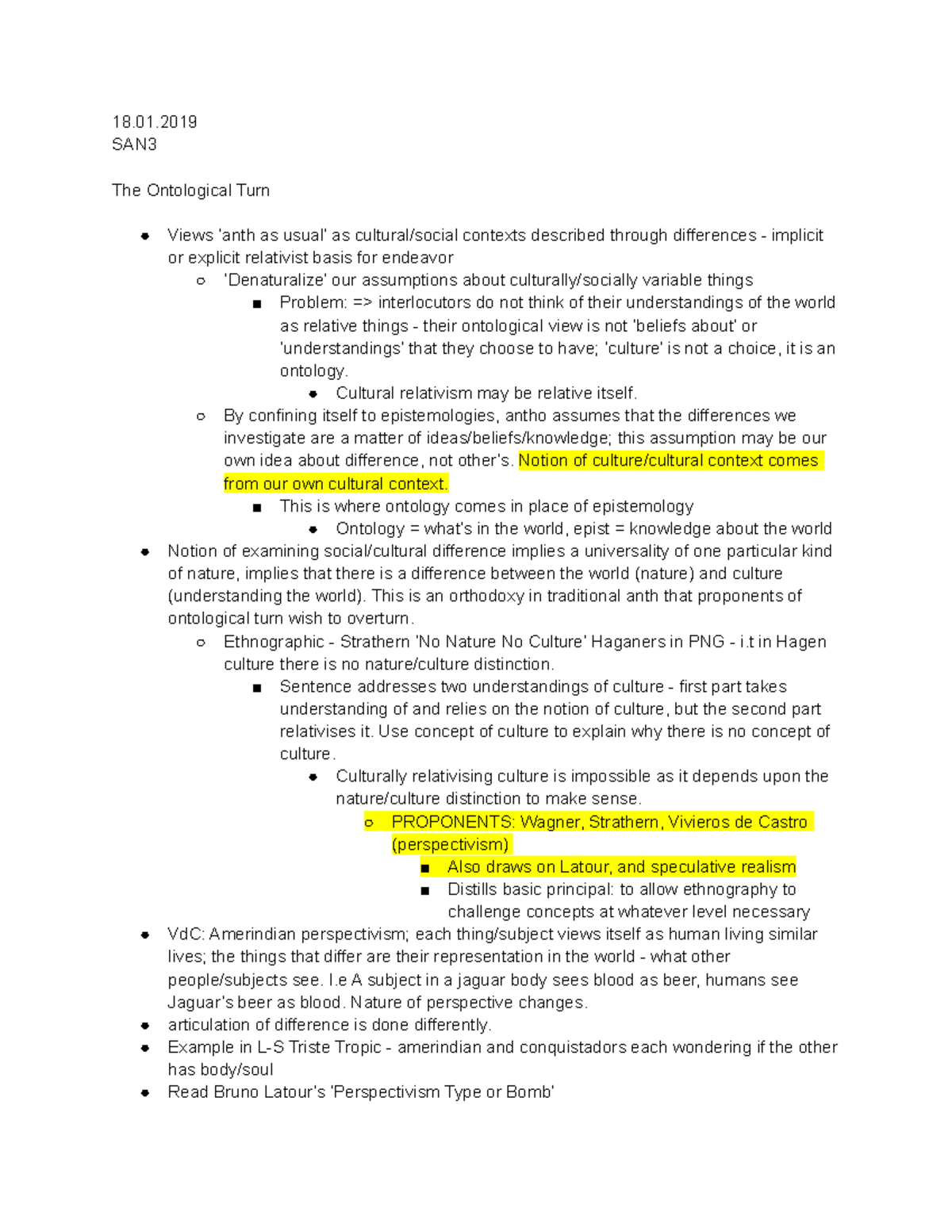 10. Ontological Turn - Lecture notes 10 - 18. SAN The Ontological Turn ...