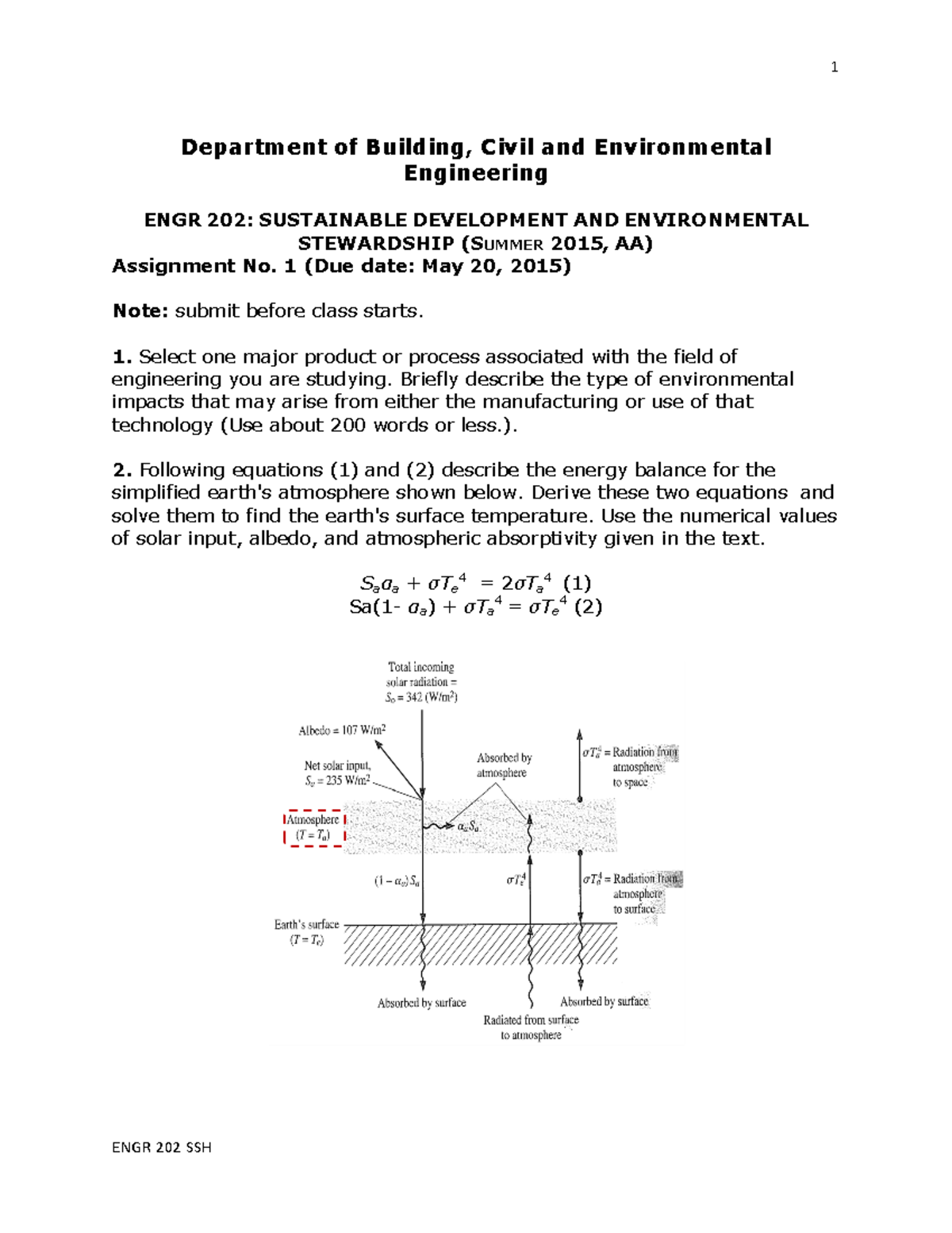 Assignment-No1 - #1 assignment - 1 Department of Building, Civil and ...