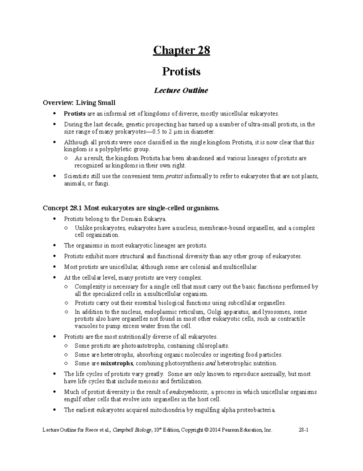 chapter 28 lecture notes - Chapter 28 Protists Lecture Outline Overview ...