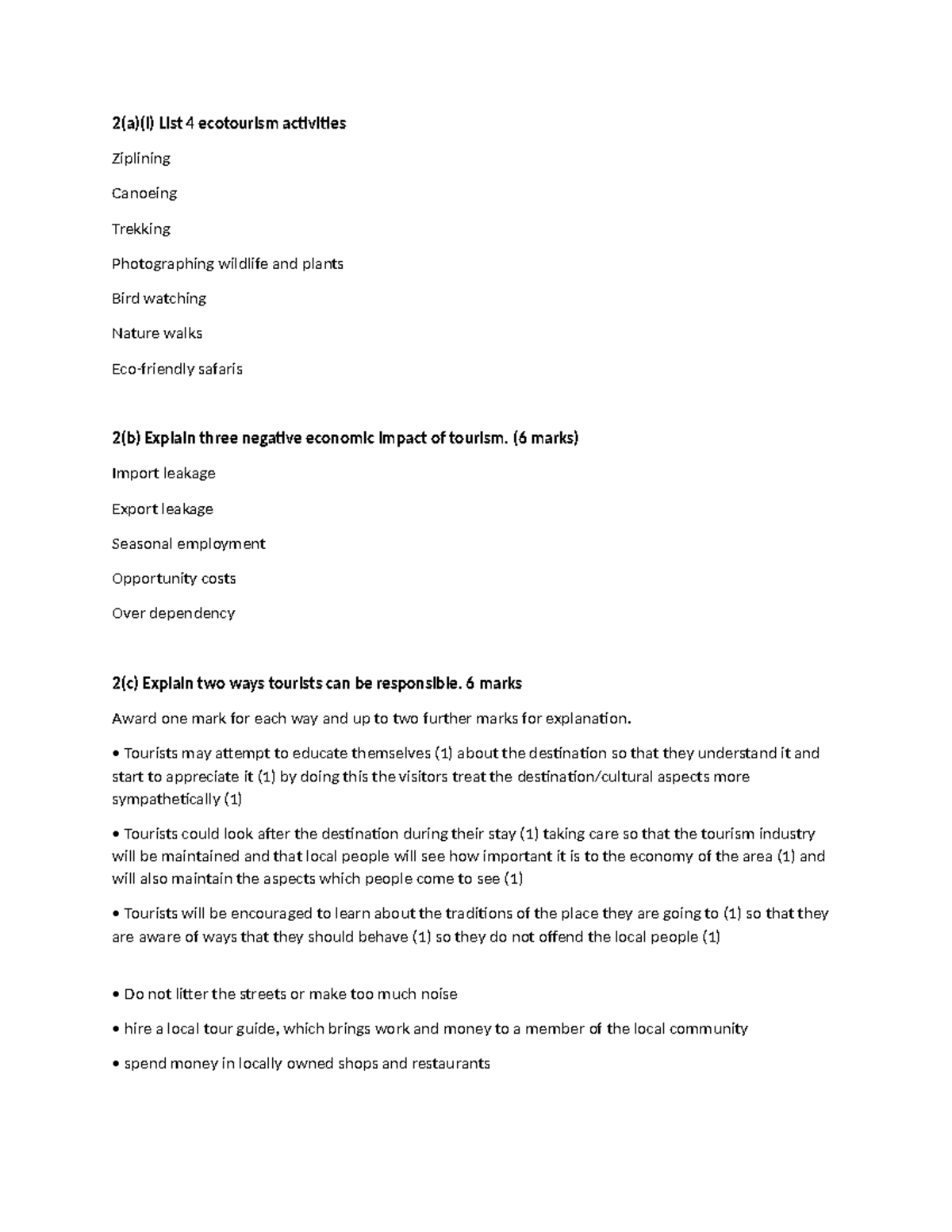 Travel and Tourism paper 1 questions with answers - 2(a)(i) List 4 ...