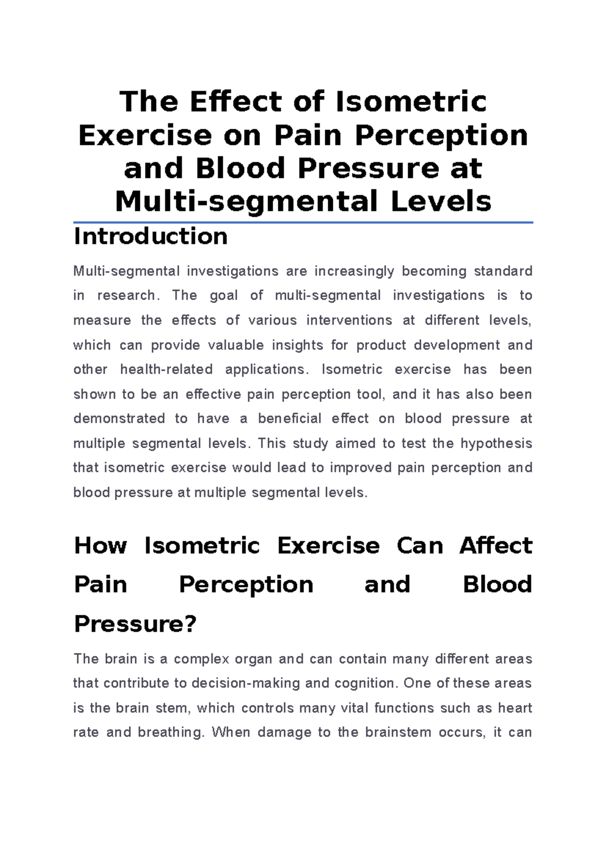 The Effect of Isometric Exercise on Pain Perception and Blood Pressure ...
