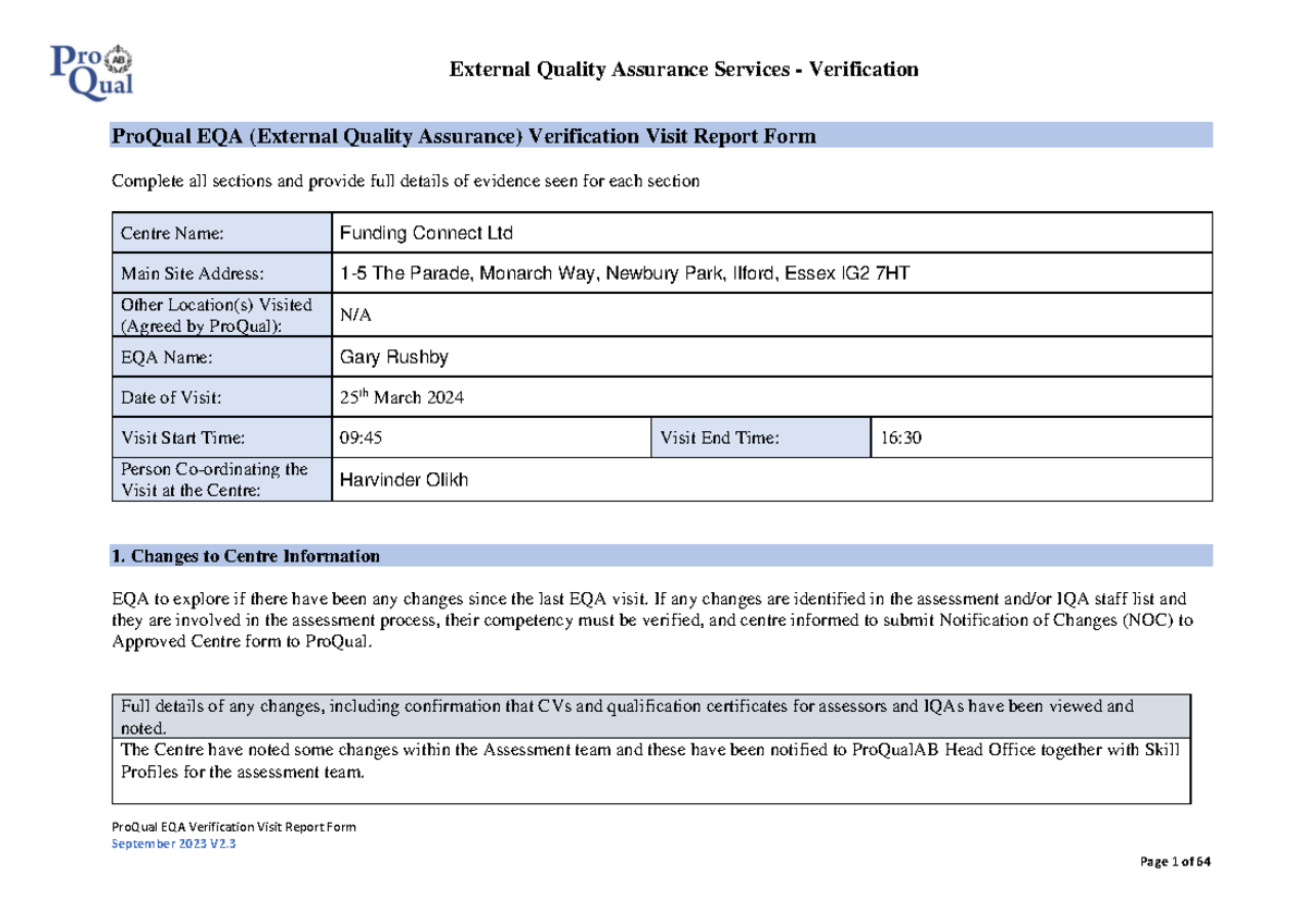 EQA Visit Report Form-Verification September 2023 V 2.3 - Funding ...