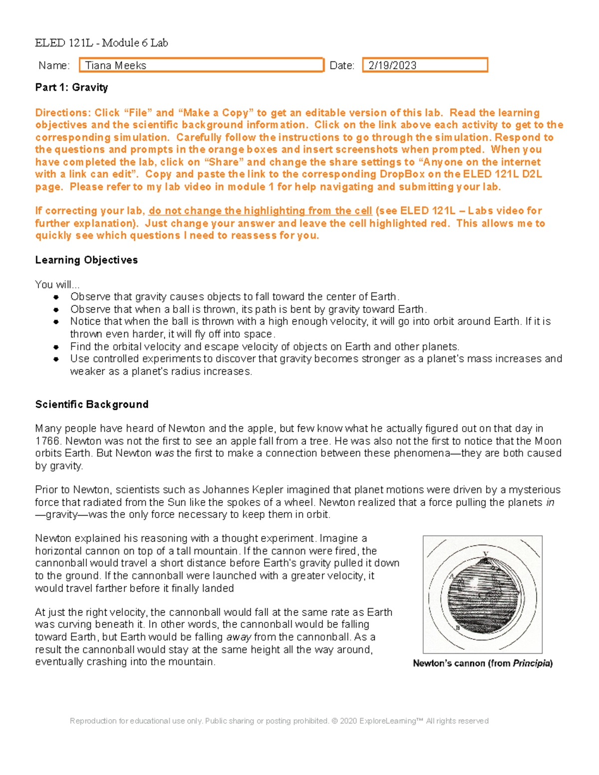 Copy of ELED 121L - Module 6 Lab - ELED 121L - Module 6 Lab Name: Tiana ...