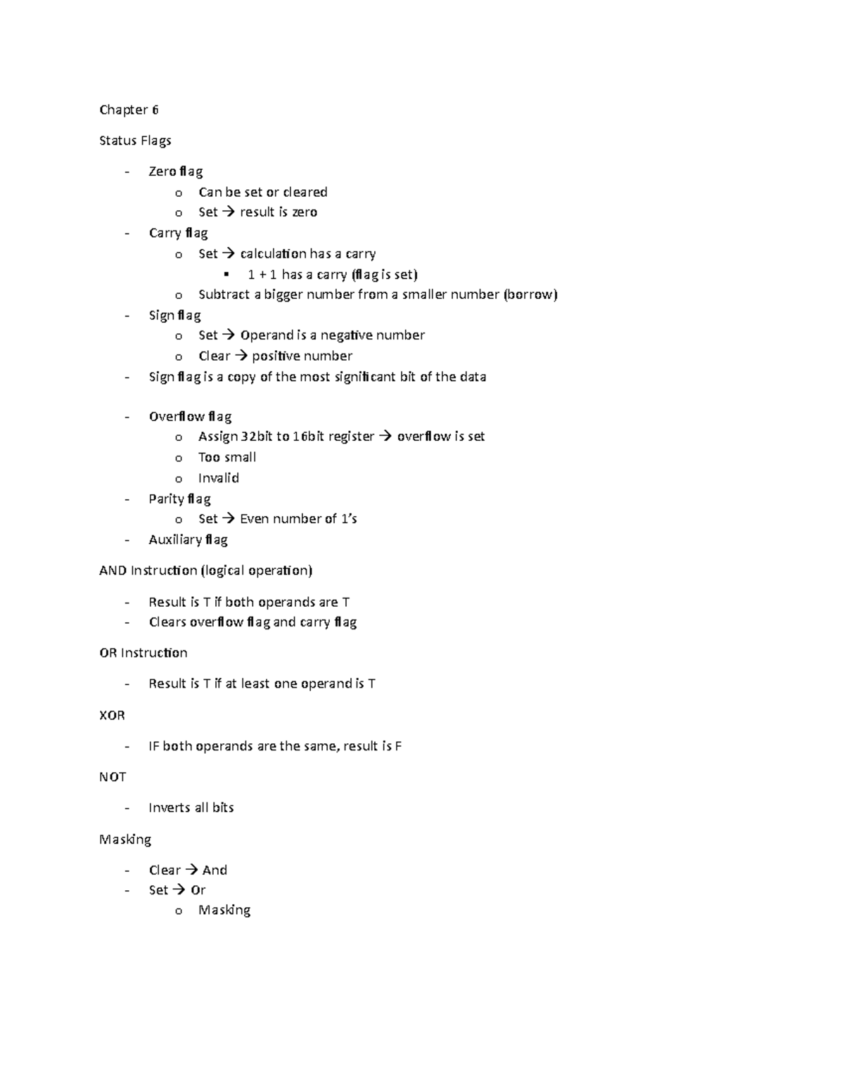 Chapter 6 - Lecture notes 15 - Chapter 6 Status Flags Zero flag o Can ...