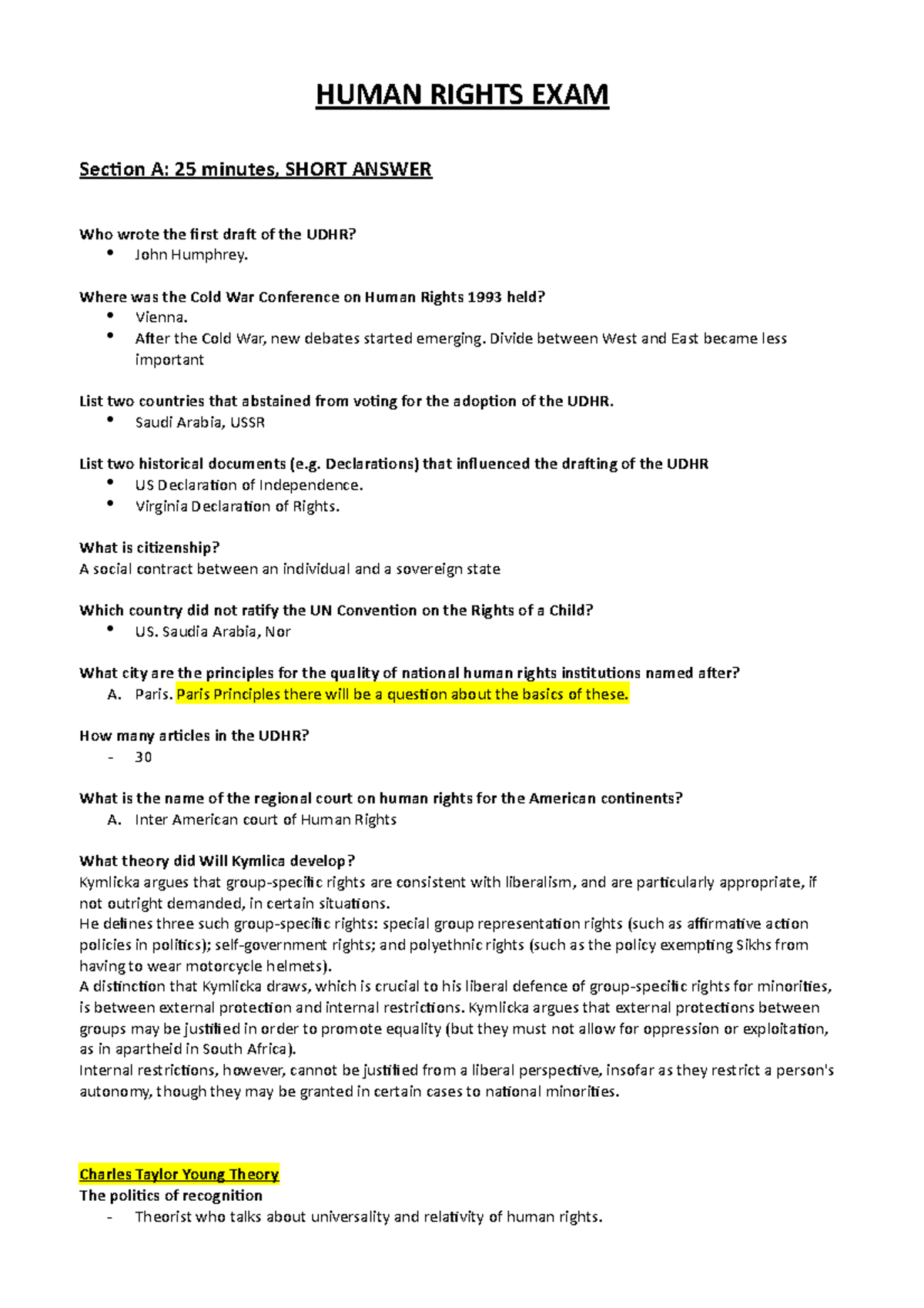 Human Rights EXAM - Exam summary notes - HUMAN RIGHTS EXAM Section A ...