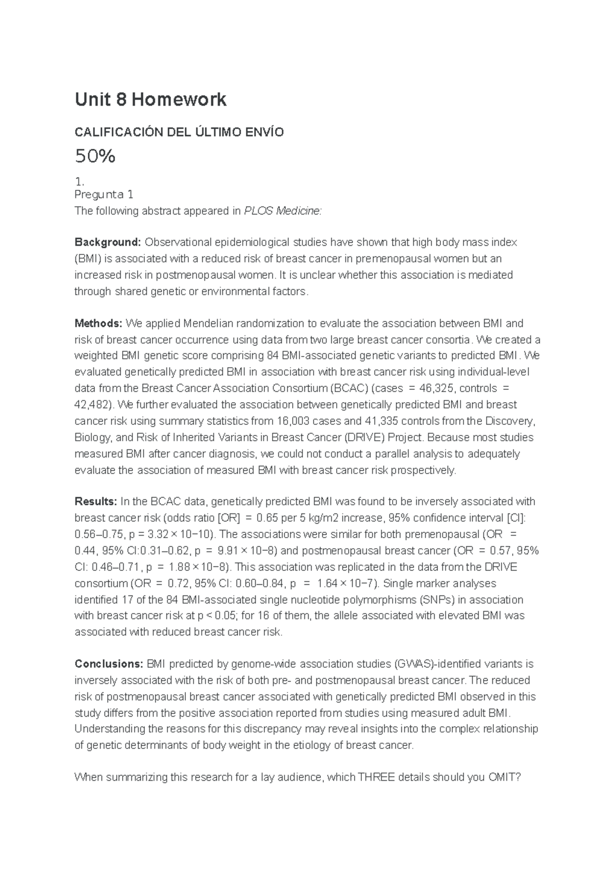 Unit 8 Homework 70 - Semana 2 completada - CURSO WITE SCIENCI DE COURSEA - Unit 8 Homework - Studocu