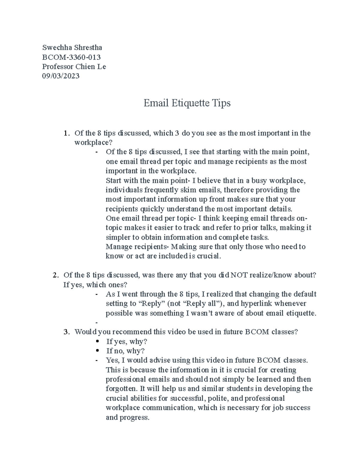 Assignment #1 Email Etiquette Tips - Swechha Shrestha BCOM-3360 ...