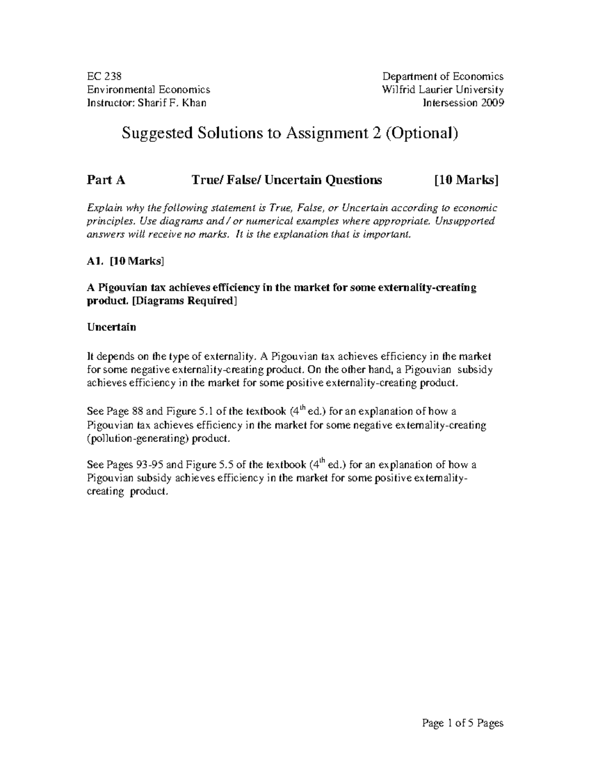Ec238 Assignment 2 S09 Sol Ec 238 Environmental Economics Instructor