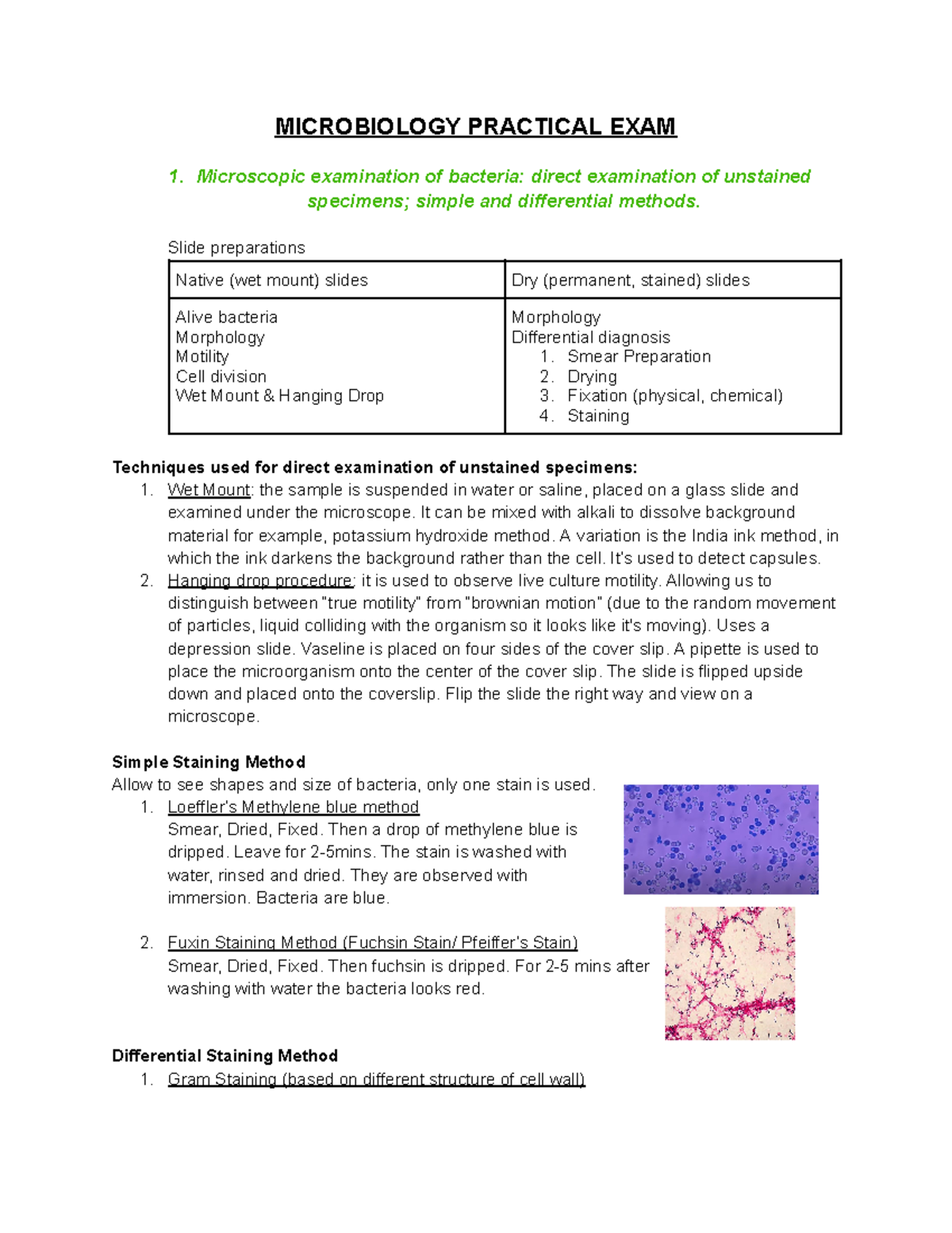 Microbiology Practicals for Final EXAM - MICROBIOLOGY PRACTICAL EXAM 1. Microscopic examination ...