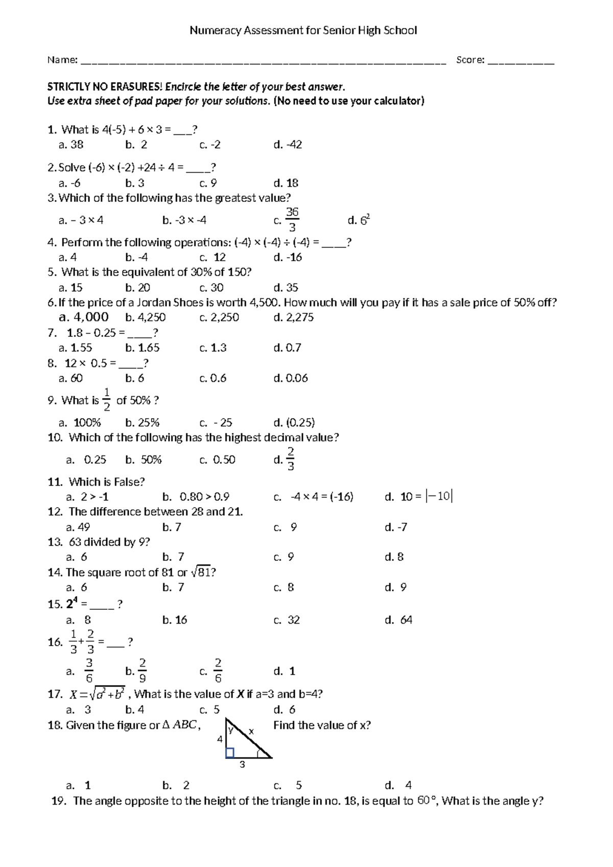 Quiz Gen Math - Numeracy Assessment for Senior High School Name: - Studocu