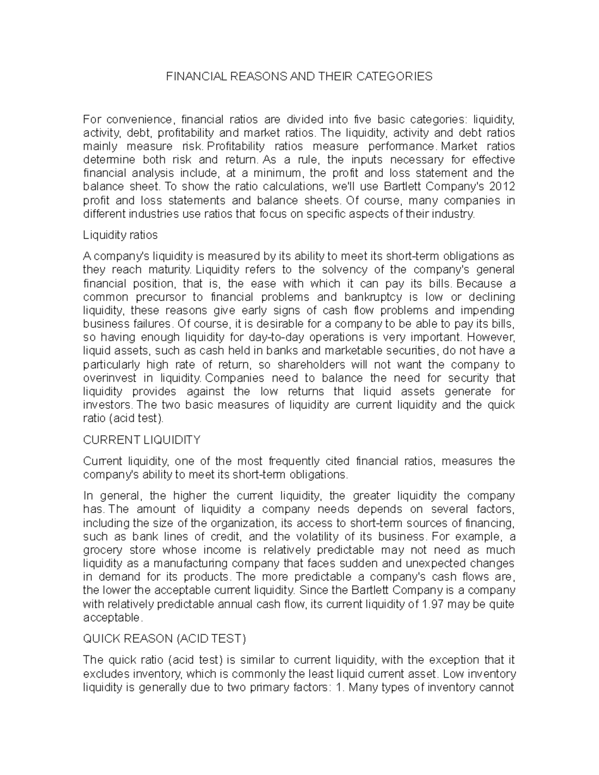 FINANCIAL REASONS AND THEIR CATEGORIES - The liquidity, activity and ...