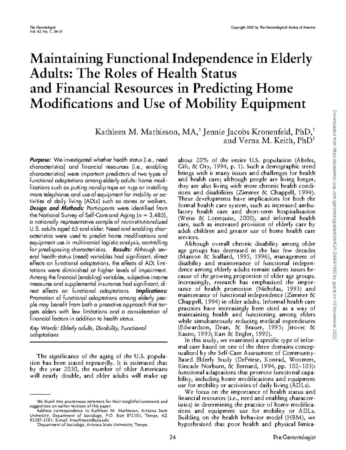 Maintaining Functional Independence in E - 24 The Gerontologist ...