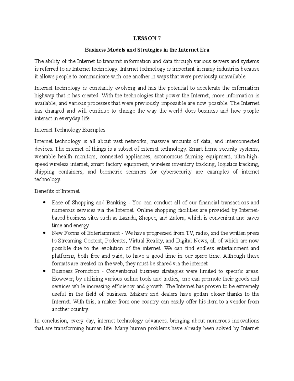 Lesson 7 - LESSON 7 Business Models and Strategies in the Internet Era ...